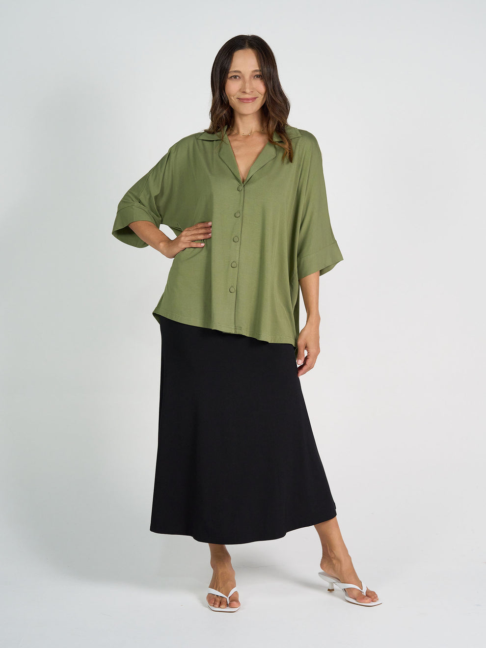 Alanis 3/4 Sleeve Collared Bamboo Shirt - Olive – Lou Lou Australia